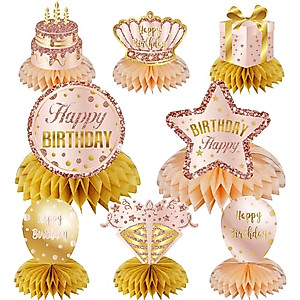 Pink Rose Gold Birthday Decorations Table Honeycomb Centerpieces for Women Girls, 8Pcs Happy Birthday Table Party Supplies, 10th 16th 21st 30th 40th 50th 60th Bday Table Sign Decor