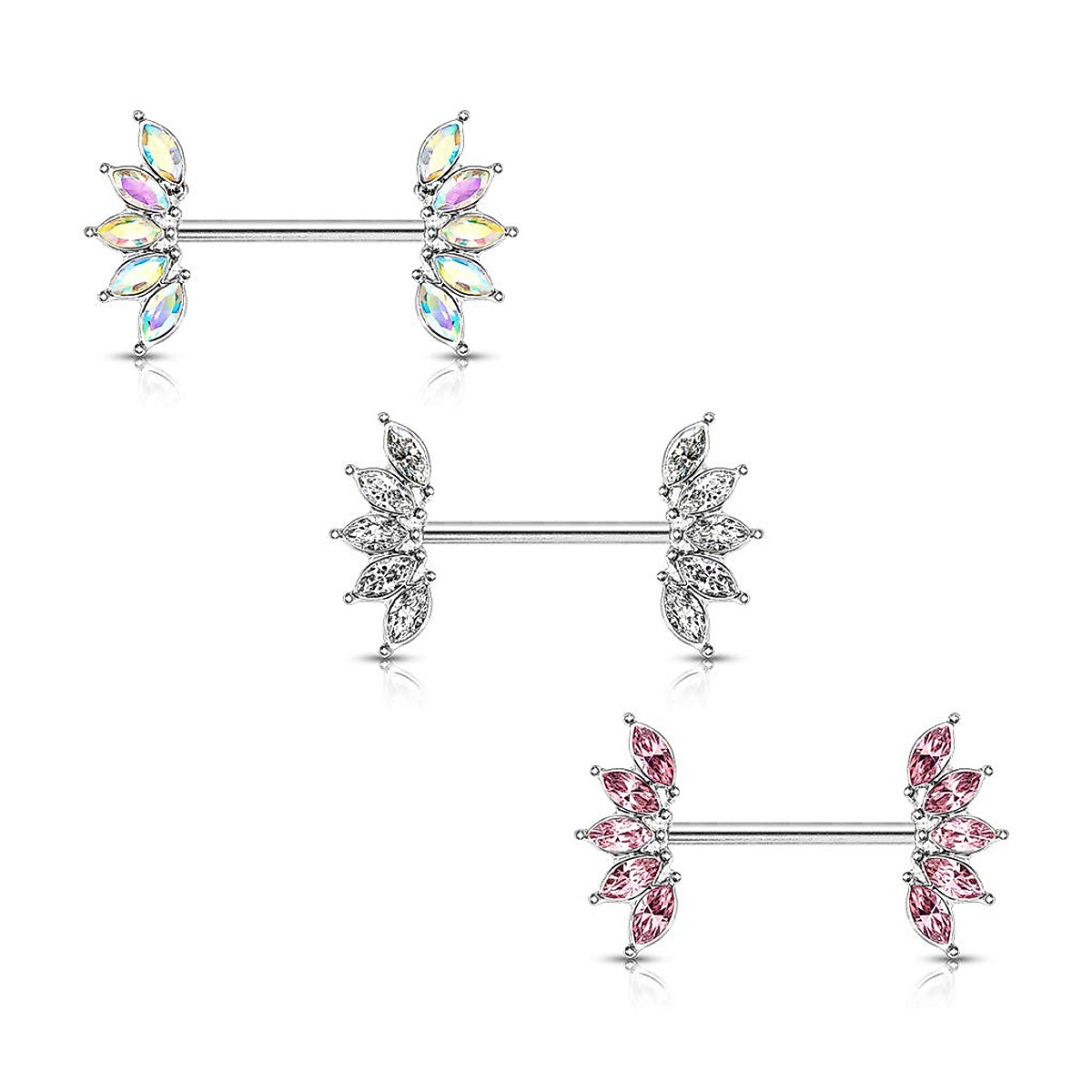 PIERCE ME (2Pcs) Shiny 5 Marquise Crystals Fan Ends Nipple Barbell Rings (Clear)
