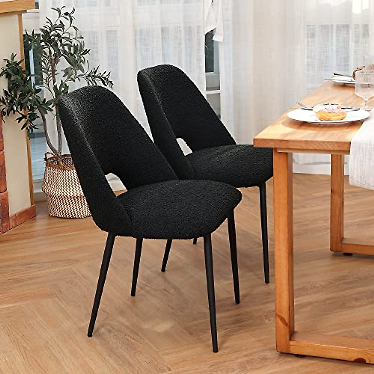 JIRAIN Modern Dining Chair Set of 2, Boucle Dining Chairs with Metal Legs, Round Back Upholstered Chairs for Kitchen Living Room