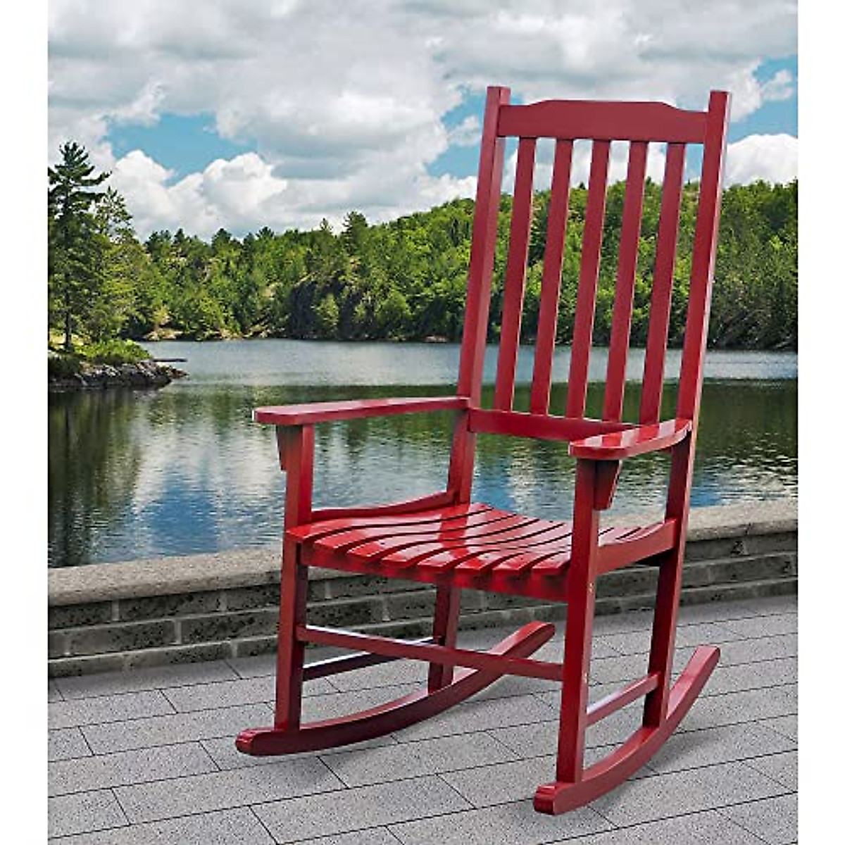 Merry Products Traditional Acacia Hardwood Rocking Chair with Tall Backrest, Curved Seat, and Wide Armrests for Outdoor or Indoor Use, Red