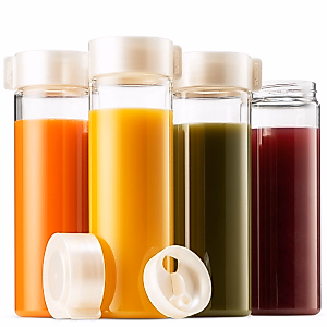 Komax Reusable Juice Bottles, Set of 4 Leak-Proof Juice Containers with Lids for Fridge, BPA-Free Plastic Smoothie Bottle Set, Dishwasher-Safe Wide Mouth Juicing Bottles (18.5 oz)