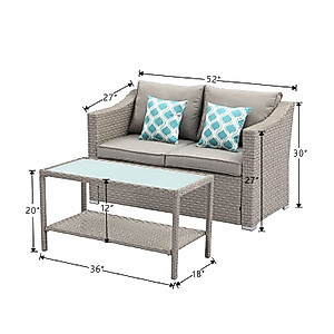 COSIEST 2-Piece Patio Furniture Set, All-Weather Outdoor Wicker Loveseat Conversation Set w Warm Gray Cushions, Glass Coffee Table, 2 Teal Pattern Pillows for Deck, Backyard, Pool