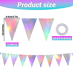 Iridescent Triangle Pennant Banner Flag Bunting Garland Party Hanging Flags Holographic Decorations for Birthday Anniversary Wedding Bridal Baby Shower Disco Party Decoration Supplies(40 FT)