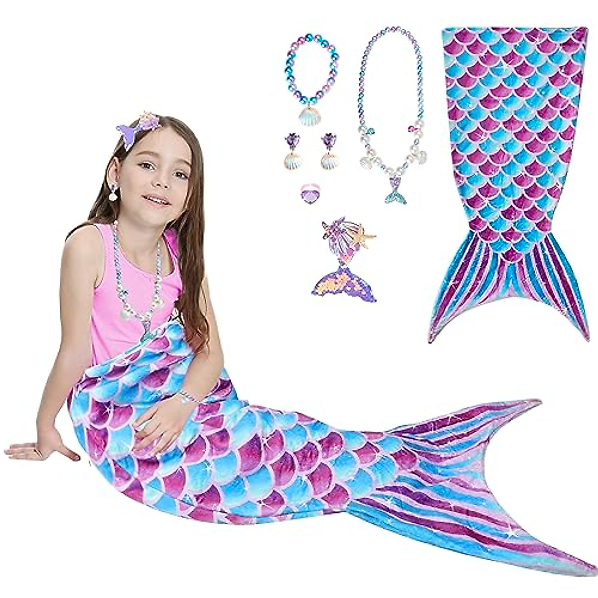 Mermaid Gifts for Girls, Mermaid Tail Blanket Mermaid Jewelry Makeup Set for Girls 3 4 5 6 7 8 9 10 11 12 Years Old, Mermaid Theme Birthday Decorations Accessories Gift