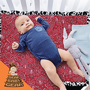 Dear Baby Gear Farm Deluxe Baby Blanket - Reversible, Milestone & Newborn Gifts for Girls and Boys - Red Handkerchief Blanket with Black Dot and Cow Print Ruffle - 33 x 33 Inches