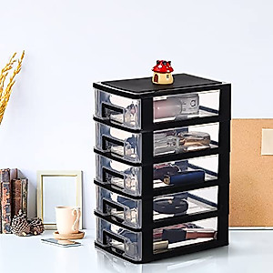 Tofficu Plastic Storage 5 Drawer Storage Tower Multifunctional Storage Cabinet with Clear Drawers Storage Case Organizer for Craft Stationary(Black)