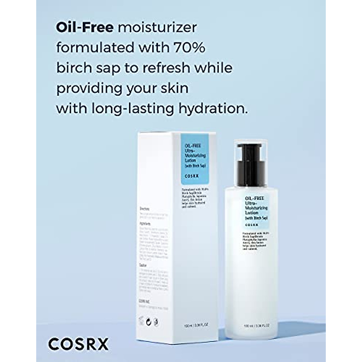 COSRX Oil Free Lotion with Birch Sap, Daily Acne Facial Moisturizer, 3.38 fl.oz / 100ml, Hydrating moisturizer for all skin types, Korean skincare, Paraben free