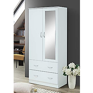 Hodedah Two Door Wardrobe with Two Drawers and Hanging Rod plus Mirror, White