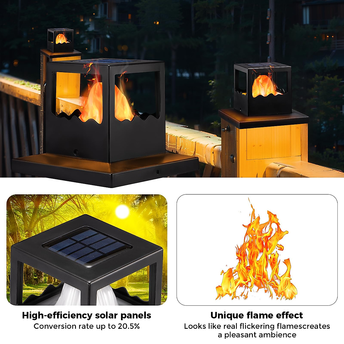Viewsun 14 Pack Solar Flame Post Lights, Solar Powered Fence Post Cap Lights, High Brightness Flickering Flame SMD LED Lighting for Halloween, Fits 4x4, 5x5 or 6x6 Wooden Posts, for Yard Deck or Patio