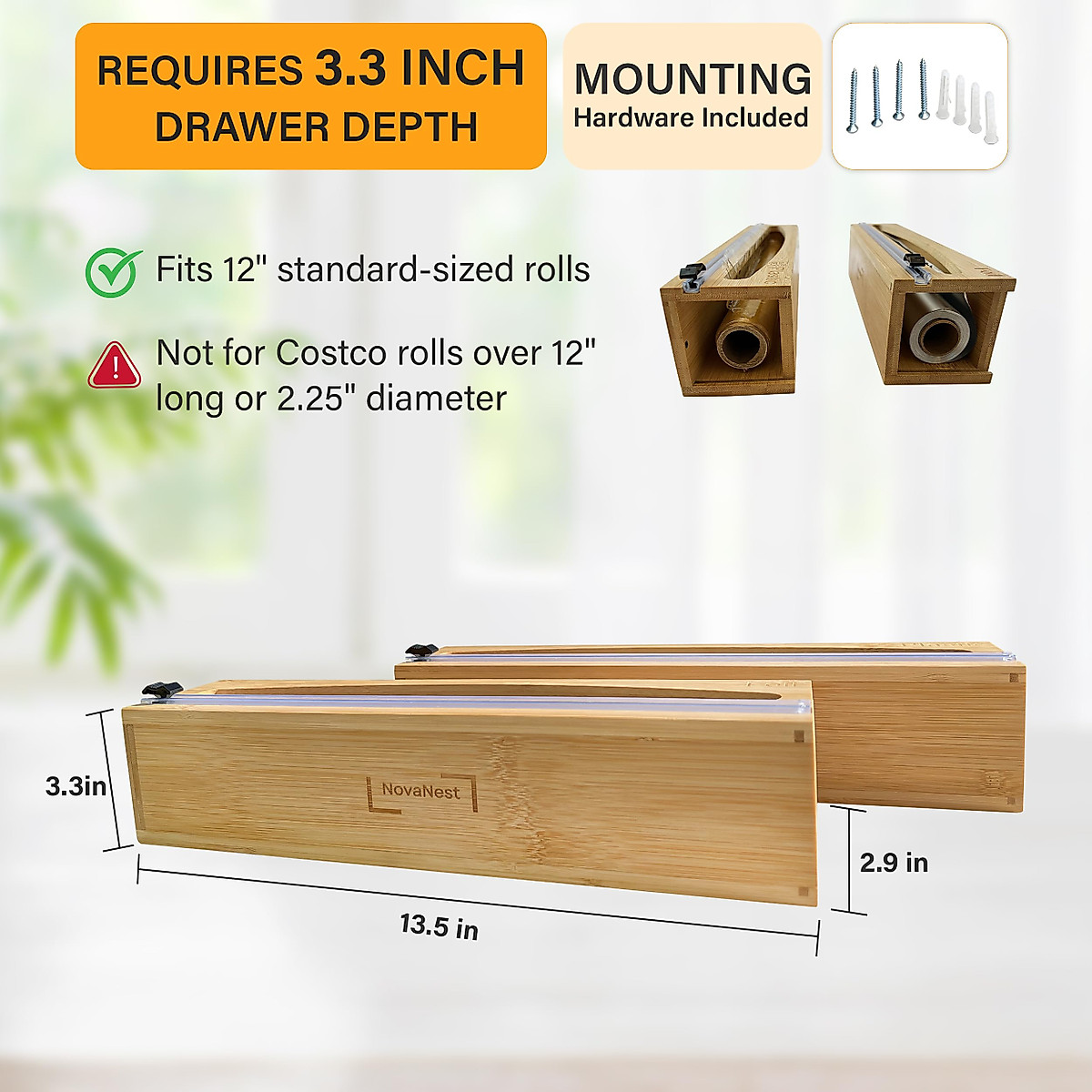 NovaNest Wrap Organizer Dispenser with Cutter, (2 Piece Set), Fits 12" Rolls, Plastic Wrap, Aluminum Foil, Wax Paper, Saran Wrap, Cling Wrap Holder for Kitchen Storage, Mountable, Bamboo