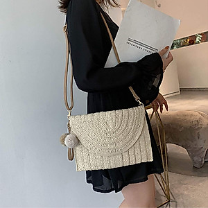 Straw Shoulder Bag Women Straw Clutch Summer Beach Crossbody Bag Handmade Woven Purse Handbag Holiday Gifts, Beige, 7.9 x 10.6 inch