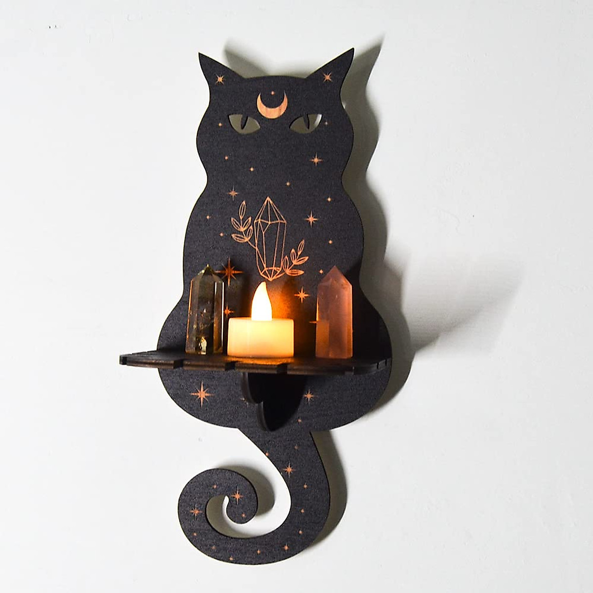 Jamo Homzi Crystal Shelf Black Crystal Display Shelf Crystal Pendulum Holder Stand Display Shelf Witch Bat Moth Stuff Wooden Kit Hanging Rustic Crystal (cat)
