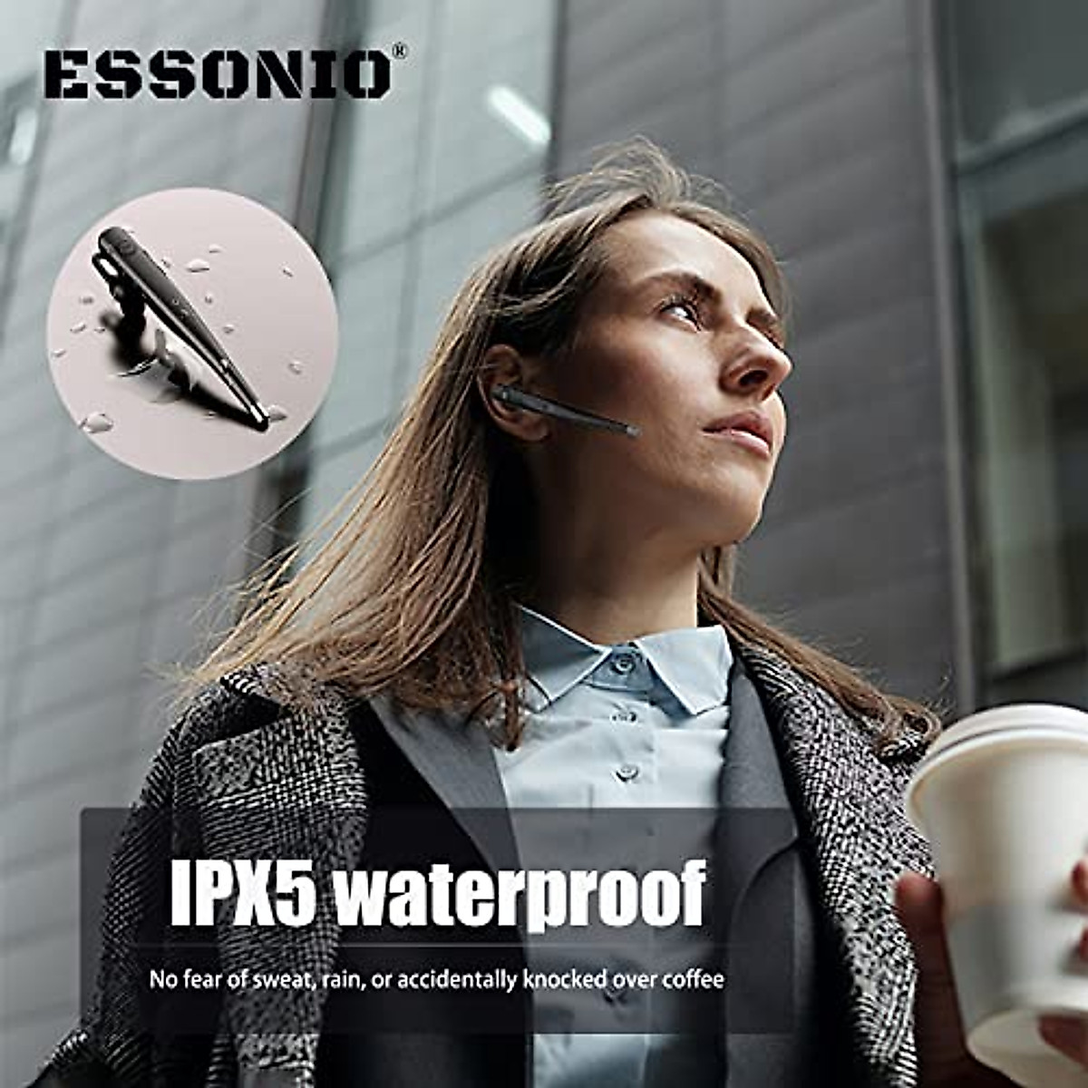 ESSONIO Headphones Bluetooth earpiece Wireless Headphones with mic Cell Phone Noise canceling earpiece Hands-Free Headset Bluetooth Headset for Cell Phones