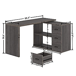 HSH L Shaped Desk with Drawers, L Shape Computer Desk with Storage Cabinet Shelves, Reversible Modern Industrial Home Office Corner Desk, Rustic Wood Executive Writing Gaming Study Table, Gray 55 Inch