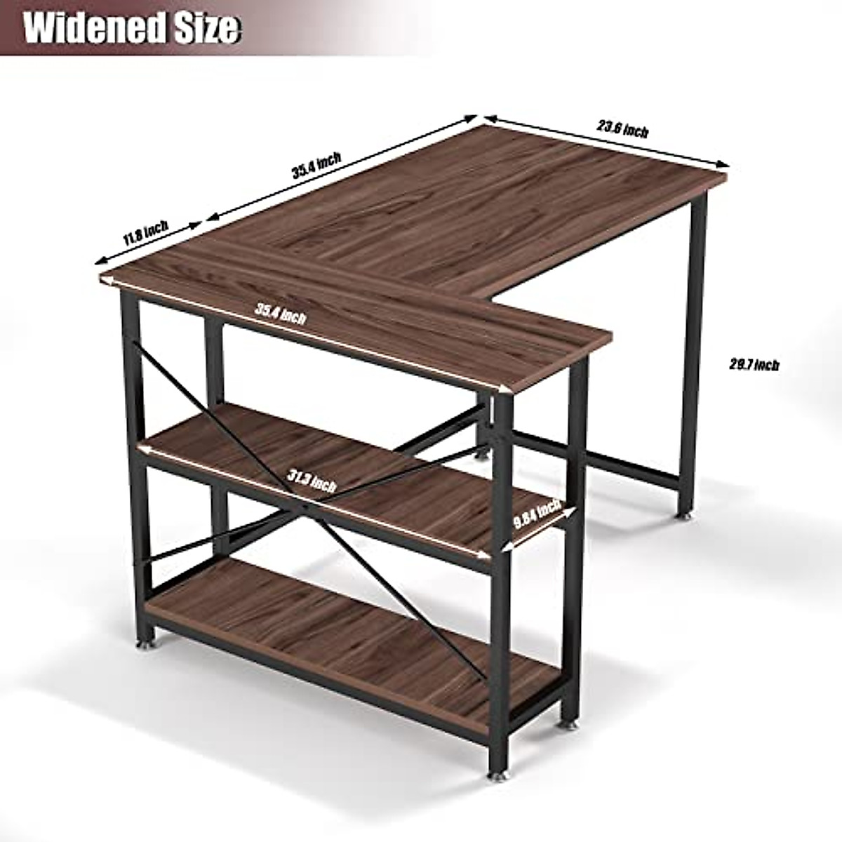 SunyesYo L Shaped Computer Desk 47 in - Small Office Home Gaming Desk with Storage Shelves - Study Writing Corner Table, Reversible Sturdy Workstation, Work PC Desk, Brown