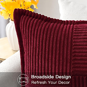 OTOSTAR Set of 2 Corduroy Throw Pillow Covers with Splicing Super Soft Boho Striped Pillow Covers Broadside Decorative Textured Throw Pillows for Couch Sofa Bed Living Room 18x18 Inch, Burgundy