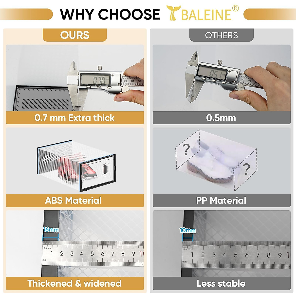 BALEINE 12 Pack Stackable Shoe Storage Boxes Fit Size 11, Thickened Clear Shoe Box Bins with Lids, Plastic Foldable Shoe Rack Organizer Sneaker Storage Containers (X-Large, Black)