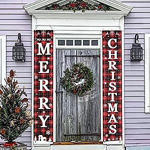 Merry Christmas Door Banners Porch Sign Hanging Banner Flag for Christmas Home Wall Indoor Outdoor Christmas Party Decorations