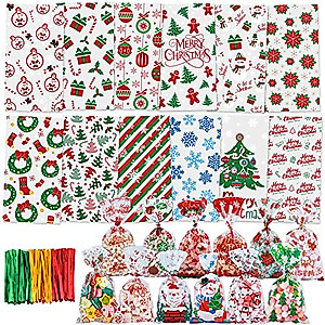 Colorbib 216pcs Christmas Candy Treat Bags Cellophane Bags with 220pcs Twist Ties, Snowflakes and Gingerbread Man 12 Assorted Pattern Snack Goodie Bags for Treat Candy Party Supplies