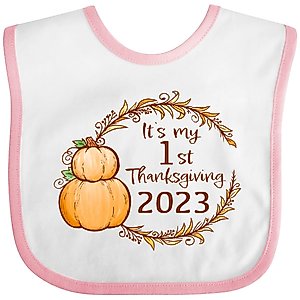 inktastic It's My First Thanksgiving 2023 Baby Bib White and Pink 42b74
