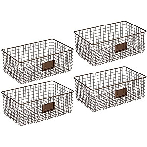 mDesign Metal Wire Storage Organizer Bin Baskets with Label Slot for Kitchen Pantry and Shelves - Wired Organization Holder for Food, Chips, Drinks, Omaha Collection, 4 Pack, Bronze