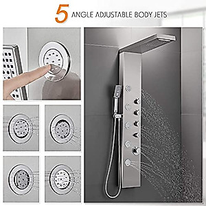 ROVATE Rainfall Waterfall Shower Tower Panel System, Stainless Steel Bathroom Shower Panel Tower with 5 Body Sprays and 3 Sets Handheld Shower, Shower Column Wall Mount, Delicate Brushed Finish