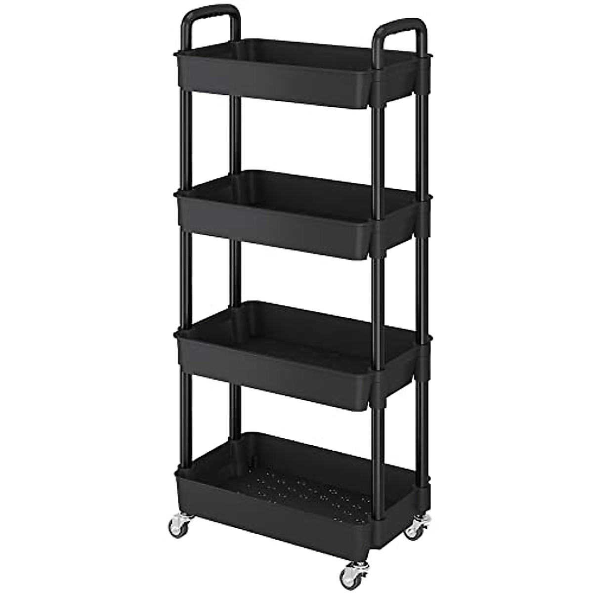 Buzowruil 4-Tier Utility Rolling Plastic Storage Cart Trolley with Lockable Wheels,Multifunctional Storage Shelves for Kitchen Living Room Office,Black