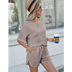 Andeip Women's Waffle Knit Pajama Set Casual Short Sleeve Shirt with Shorts Pajama Pant Sleepwear Sets Light Khaki M