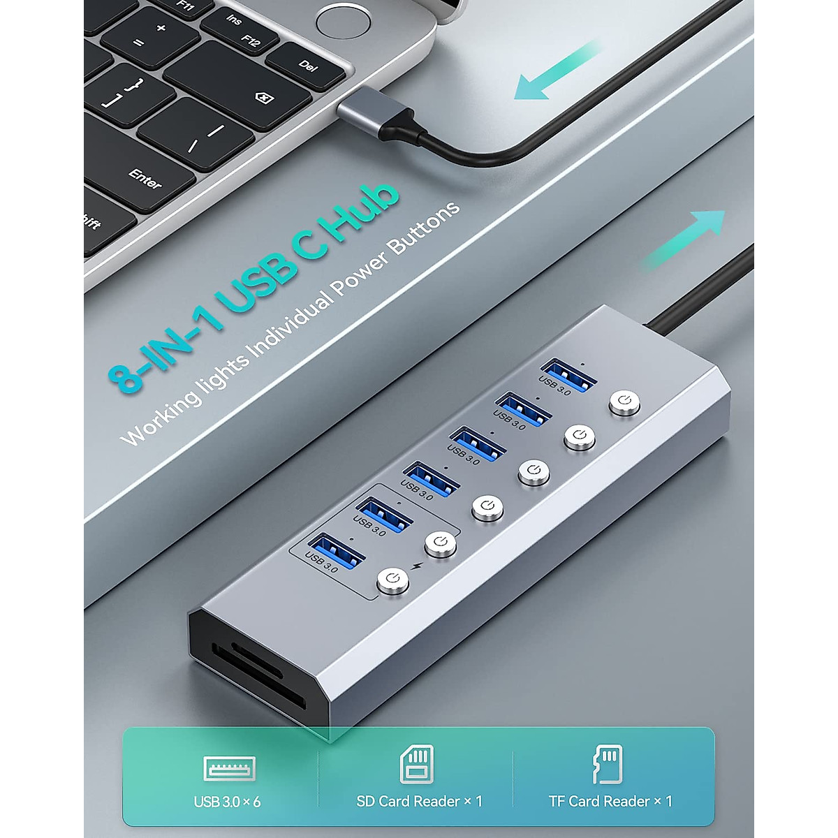 Powered USB 3.0 Hub, Elecife 8-Port Powered USB Hub, Aluminum USB Splitter with 6 USB 3.0 Data Ports, SD/TF Card Readers, Individual On/Off Power Switches and 5V/3A Power Adapter (42 inch)