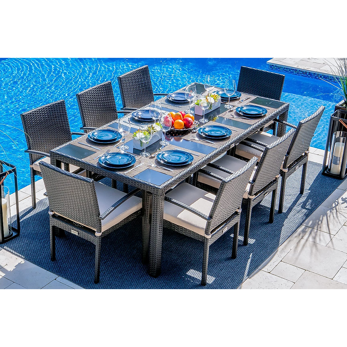 Bari 16-Piece Combination Outdoor Patio Furniture Set (L) in Espresso Brown w/Sofa Set, Eight-seat Dining Set, and Chaise Lounge Set