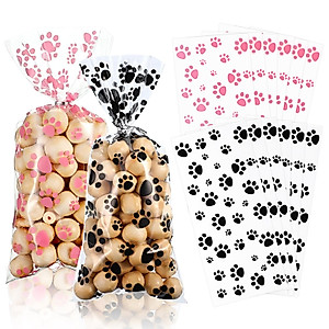 BLMHTWO 100Pcs Pet Paw Print Treat Bags, Dog Treat Bags Cellophane Treat Bags Paw Print Goodie Bags with 100 Silver Twist Ties for Pet Birthday Party Favor (50Pcs Balck & 50Pcs Pink)