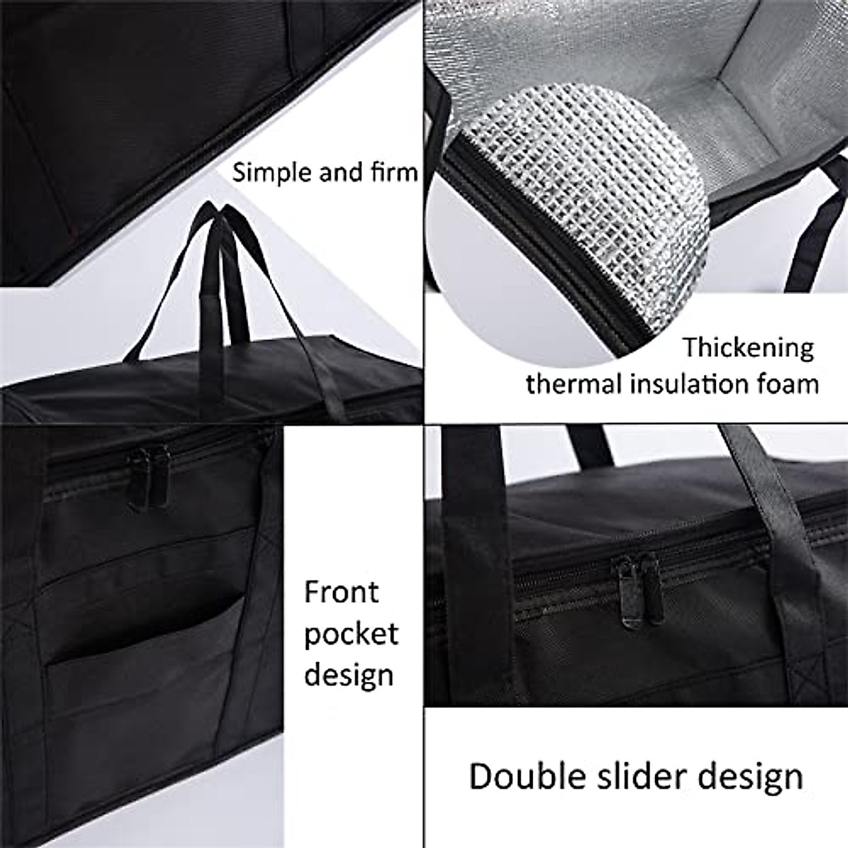 XXL Extra- Large insulated bags for food delivery with the bottom plate, reusable insulated shopping bags, 20x10x13 inches, The ideal pizza delivery bag. Black (Pack of 2)