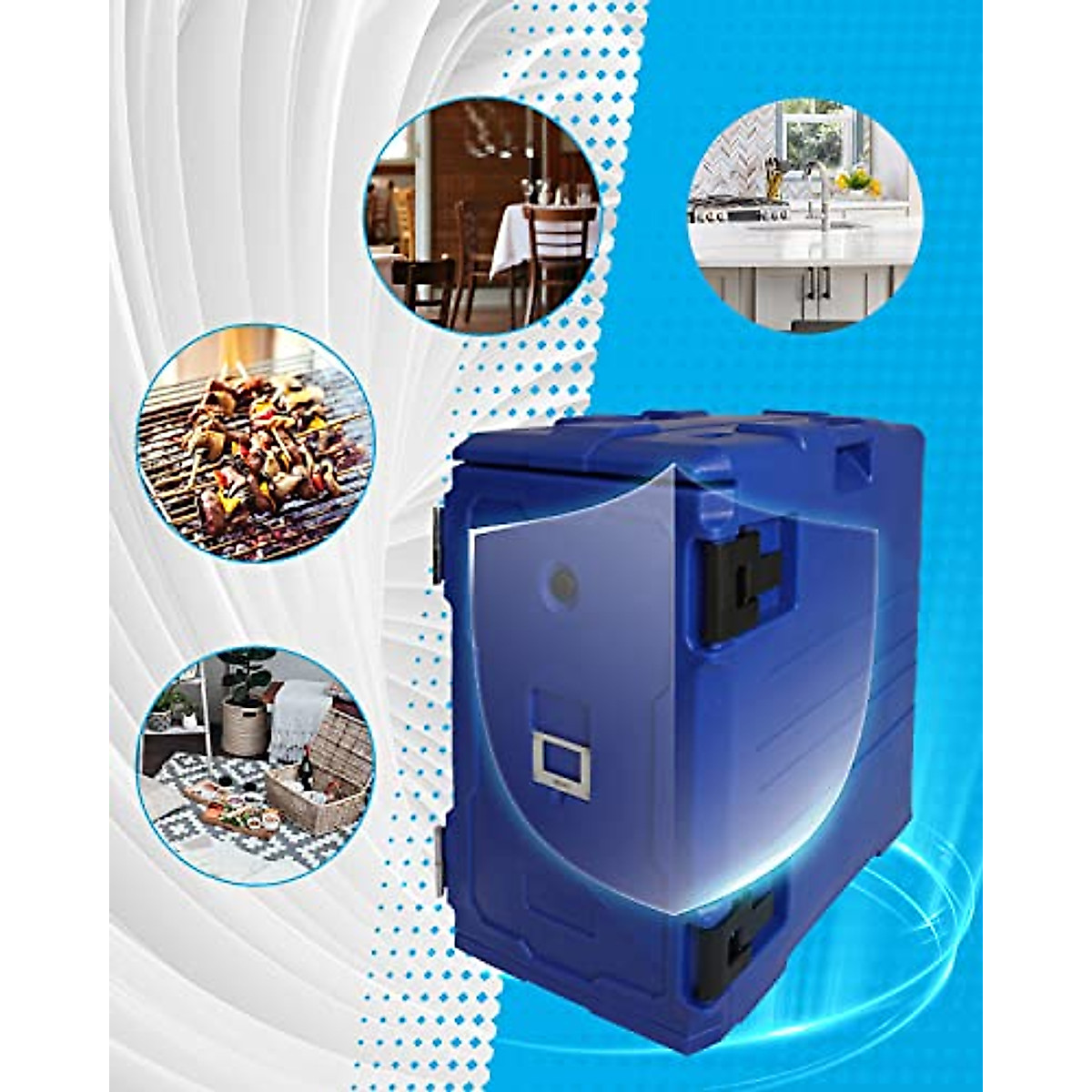 TABU 95QT End-Loading Insulated Food Pan Carrier, LLDPE Material Food Box Carrier with Double Buckles, Front Loading Portable Food Warmer with Handles (Blue)