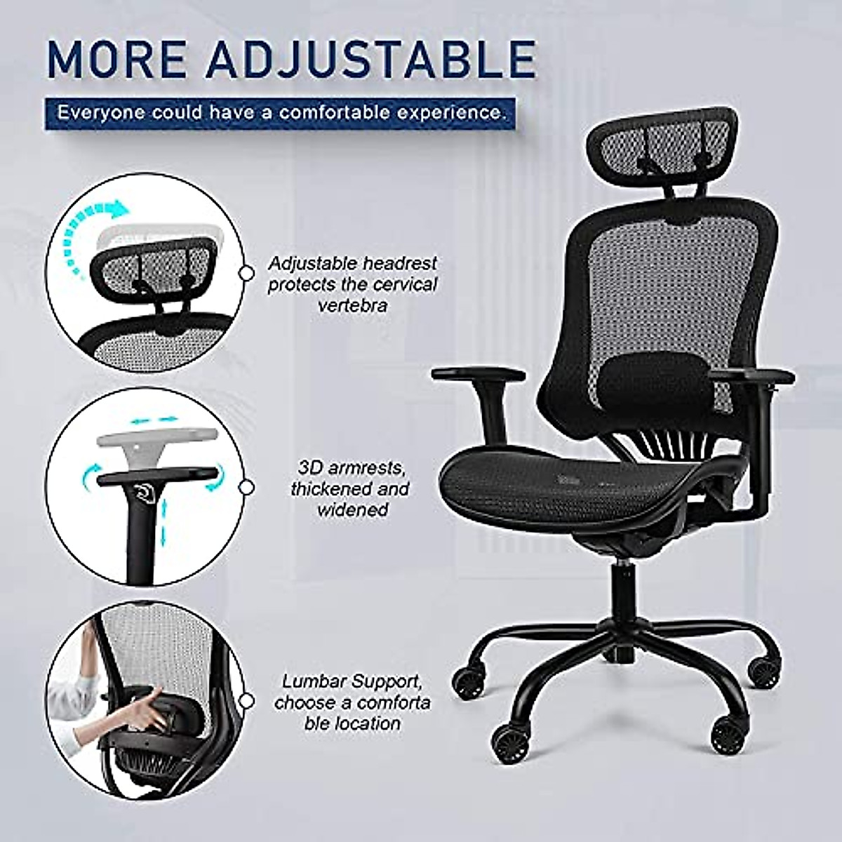 Ergousit Ergonomic Mesh Office Chair, High Back Desk Chair with Adjustable Height, Backrest and Lumbar Support, 3D Armrests,Swivel Executive Drafting Chair (Black)