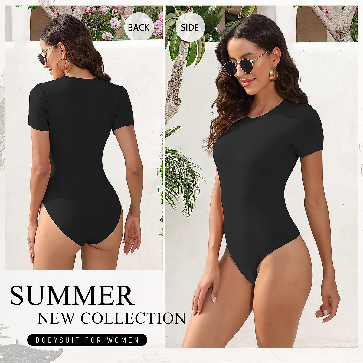 BALENNZ Women's 5 Pack Short Sleeve Round Neck Bodysuit Tops Crew Neck Basic Casual Tshirt Bodysuits Large