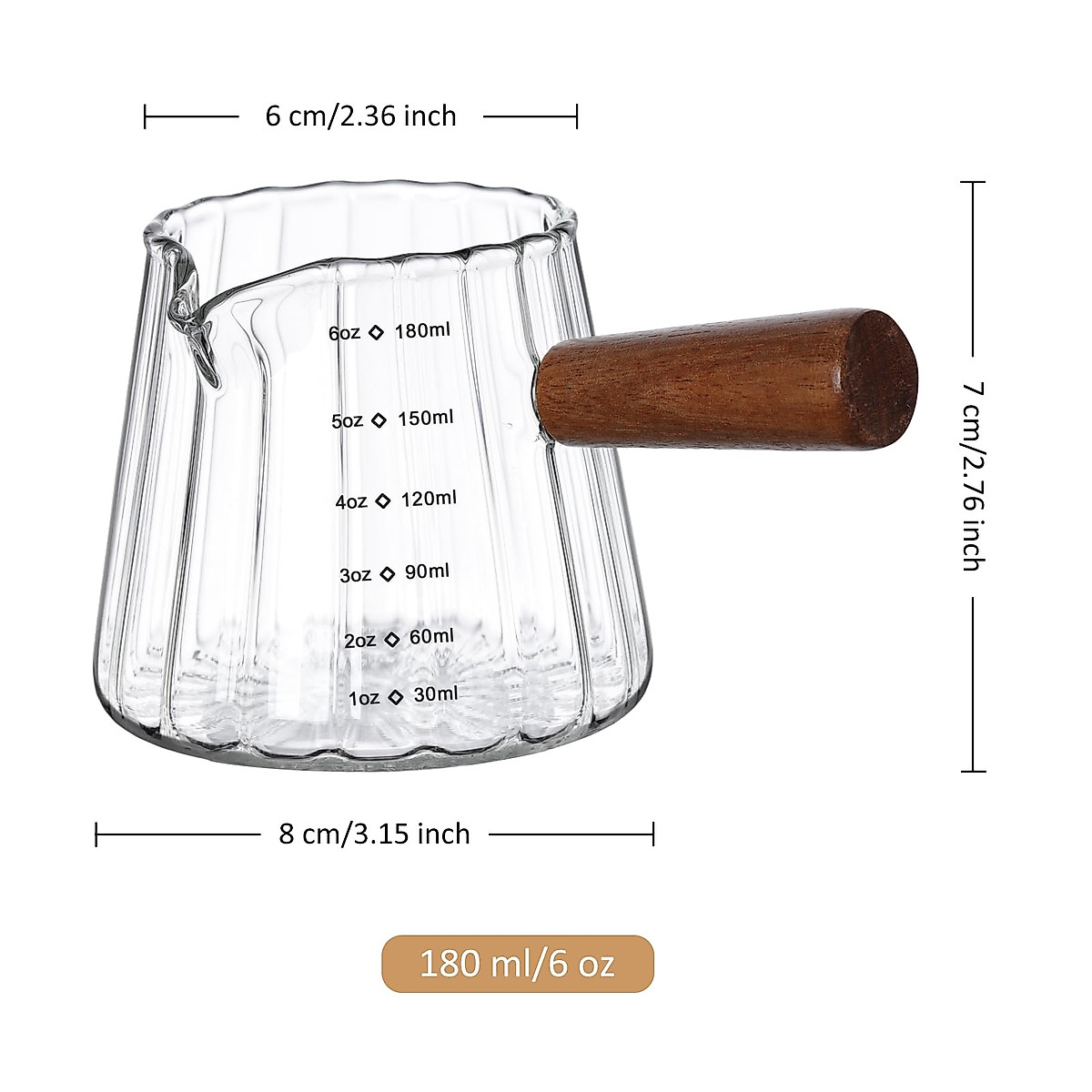 Joeyan 6 oz Glass Measuring Cups with Spout,Borosilicate Glass Triple Pitcher with Scale,Origami Style Espresso Shot Glasses with Wood Handle for Coffee Milk,Dishwasher Safe