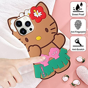 WOLLONY Cat Case 3D Cartoon for iPhone 14 Pro Max Phone Case with Bracelet Chain, Kids Girls Women Cool Fun Cute Kawaii Animal Cases Soft Silicone Funny Character Unique Protective Cover, Brown/Pink