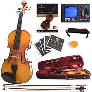Mendini by Cecilio Violin Instrument - MV400 Size 4/4 Acoustic Violin with Bow, Case, Tuner, Metronome & Extra Strings, Kids & Beginner Violin, Maple Varnish, Full Size Violin
