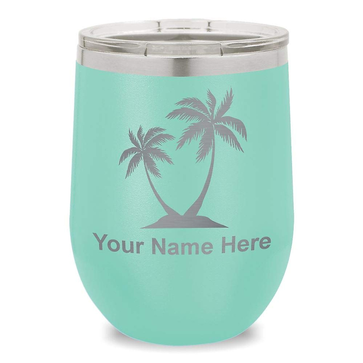 SkunkWerkz Wine Glass Tumbler, Palm Trees, Personalized Engraving Included (Teal)