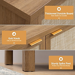 SICOTAS Sideboard Buffets Storage Cabinet - Boho Large Coffee Bar Cabinet with Rattan Decorated Door - Farmhouse Chest Credenza - Wood Cupboard Console Table for Kitchen Dining Room - Oak