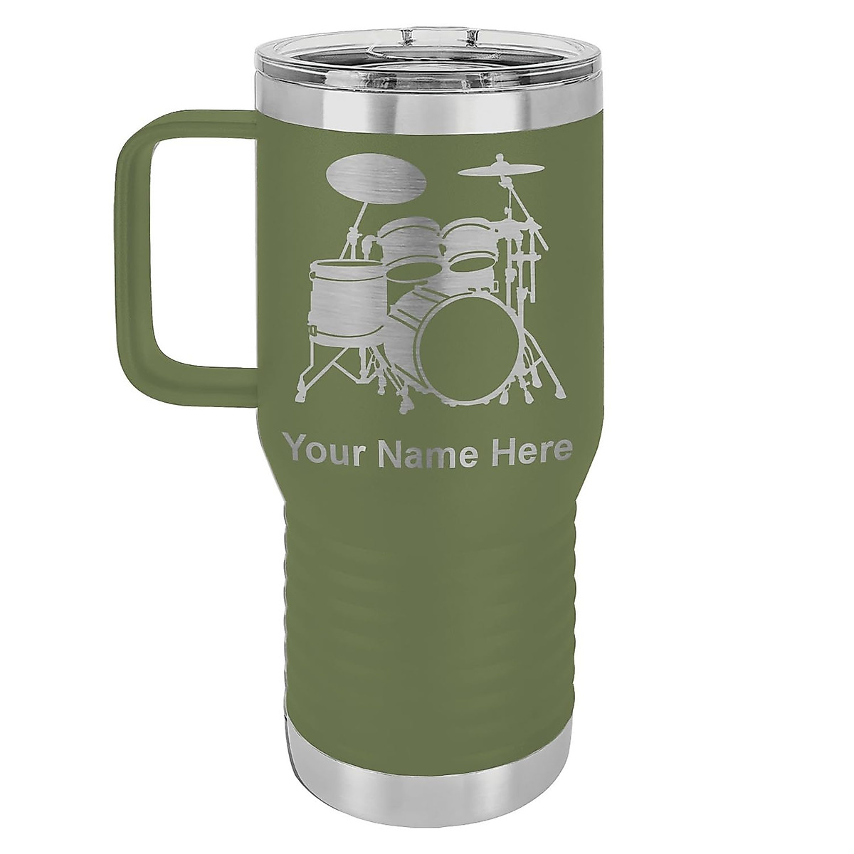 LaserGram 20oz Vacuum Insulated Travel Mug with Handle, Drum Set, Personalized Engraving Included (Camo Green)