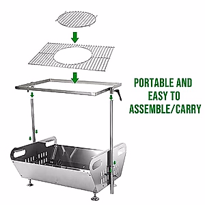 Skyflame Outdoor Fire Pit Grill Combo - Stainless Steel Wood Burning Fire Pit with Height Adjustable Cooking Grate Camping Grill Kit for Backyard Patio Hiking Backpacking Picnic Travel Tailgating