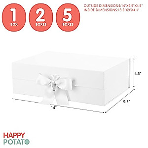 HAPPY POTATO Large Gift Box with Ribbon 13.5x9x4.1 Inches, White Gift Box with Lid Large, Bridesmaid Proposal Box, luxury Gift Box for presents (Glossy White)