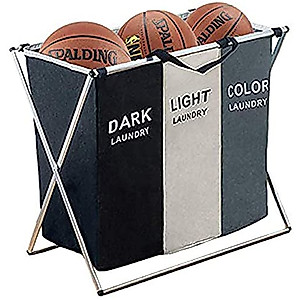 QQUN 3 Sections Laundry Hamper Cloth Basket Sorter Hamper Bin Collapsible Washing Storage Dirty Clothes Bag with Handle for Clothes, Toys, College Dorms, Bedroom, Bathroom (Grey-Black-White), 135L