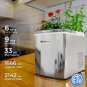 Ice Maker Machine for Countertop, Dreamiracle Ice Cubes Ready in 6 Mins, 33 lbs Ice in 24 H, Self-cleaning Ice Machine, Electric Ice Maker Stainless Steel