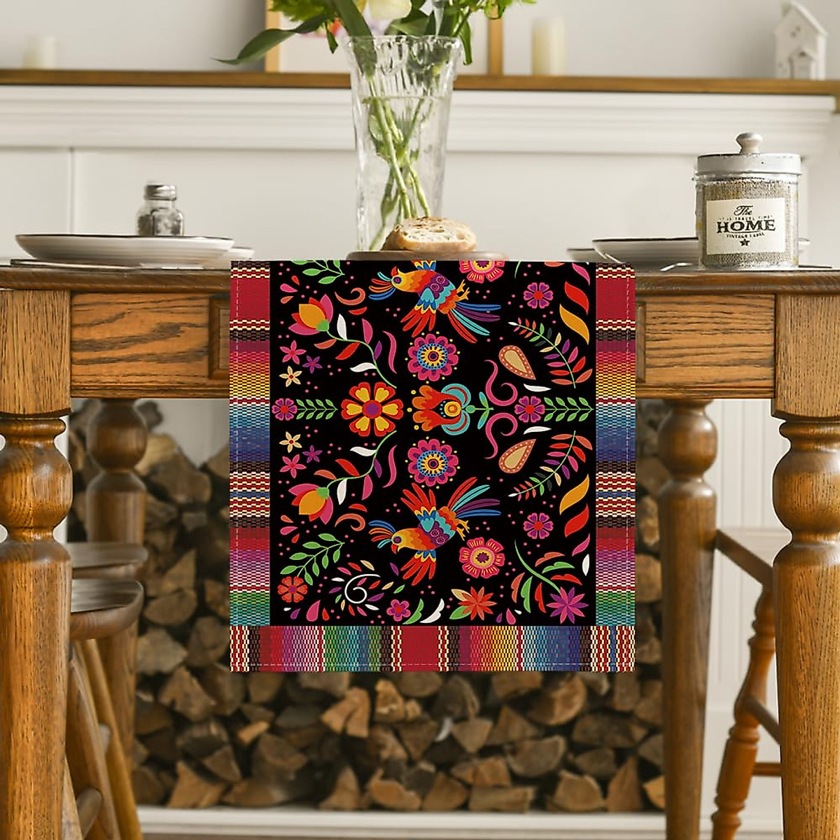Artoid Mode Bird Dia De Los Muertos Serape Mexican Fiesta Table Runner, Cinco De Mayo Day of The Dead Kitchen Dining Table Decoration for Home Party Decor 13x72 Inch