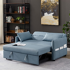 Aoowow Convertible Sleeper Sofa Bed 57 Inches, Faux Leather 2 Seats Sofa with Pull Out Bed,Loveseat Sofa Couch with Adjustable Backrest, 2 Pillows Pocket for Living Room Small Apartment (Sky Blue)
