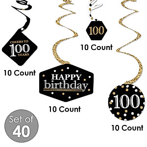 Big Dot of Happiness Adult 100th Birthday - Gold - Birthday Party Hanging Decor - Party Decoration Swirls - Set of 40