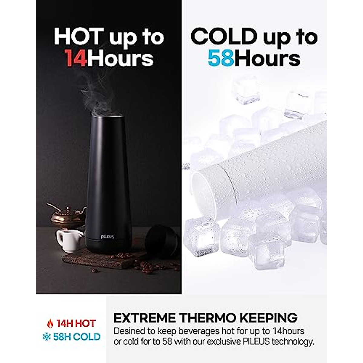 PILEUS INSULATED THERMOS WATER BOTTLE 17oz-14H Hot & 58H Cold, 7Layer Insulated Cap, Double Wall Insulation Vacuum Structure, Medical Grade StainlessSteel304(18/8) BPA-Free Tritan, Food Grade Silicone