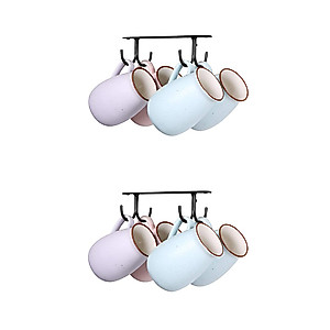 Fvstar 2pcs Mugs Holder Under Cabinet,Coffee Cups Hooks Under Shelf,Metal Mugs Drying Racks,Iron Mugs Hanging Organizer,Under Cabinet Hanger for Mugs,Kitchen Utensils,Black